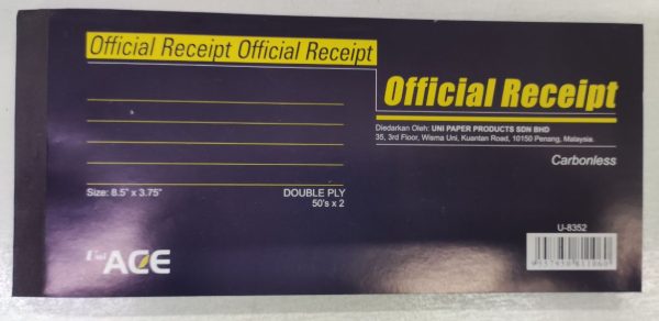UNI Ace Official Receipt NCR U8352 2 Ply Malaysia | OfficePlus