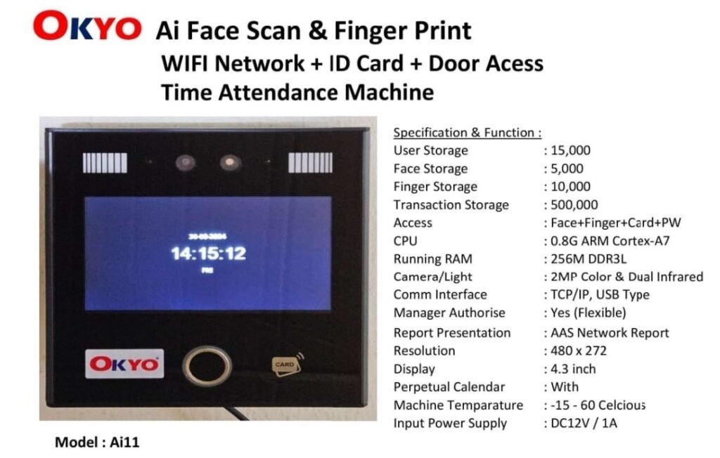 OKYO AI-11 AI Face Scan & Fingerprint Time Attendance Machine